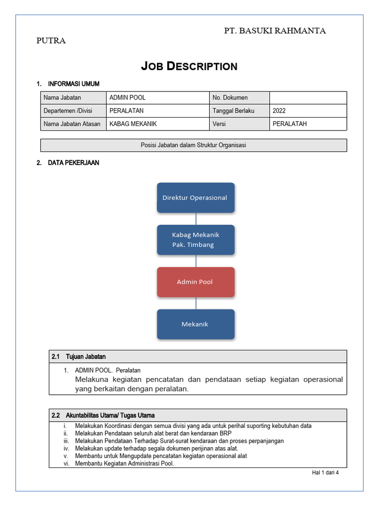 Jobdes Peralatan BRP Admin Pool | PDF