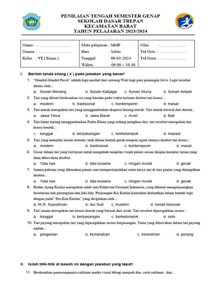 NASKAH SOAL SBDP KELAS 6 - PTS GENAP 2023-2024 | PDF