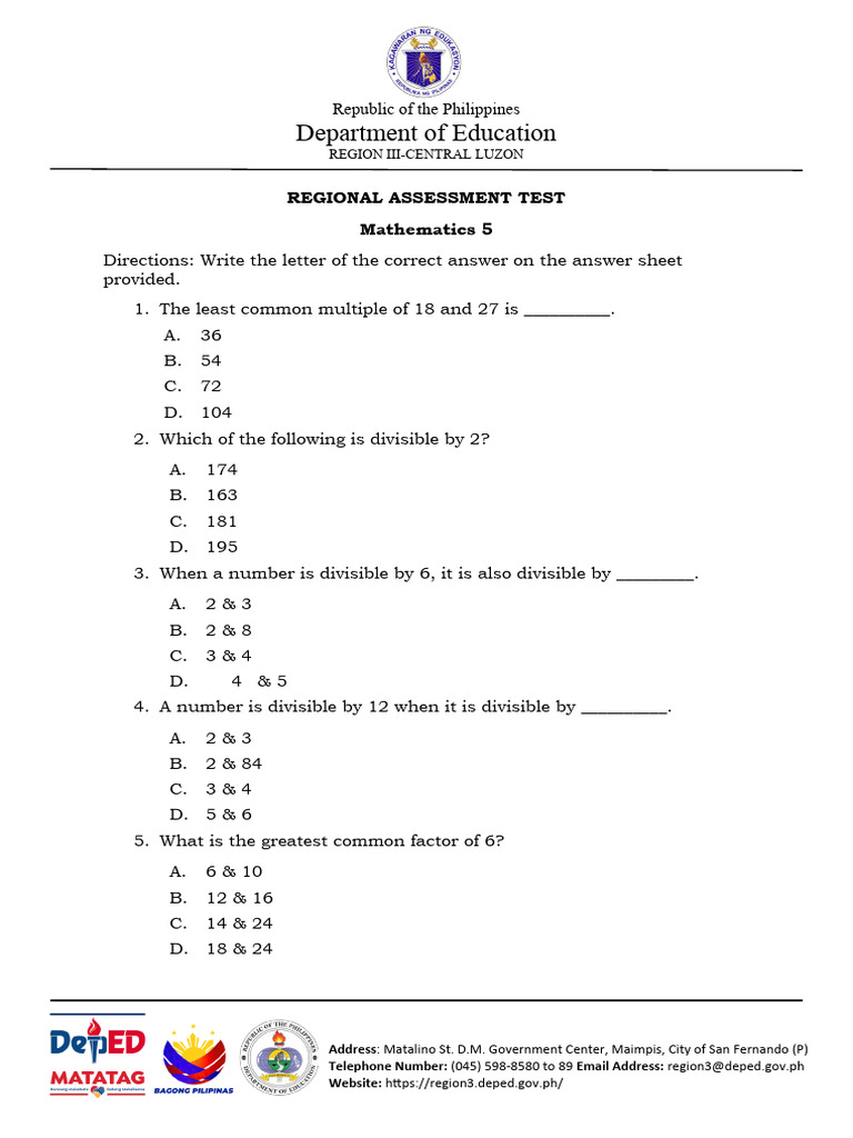 Grade 5 Mathematics Assessment Test | PDF | Thermometer | Area