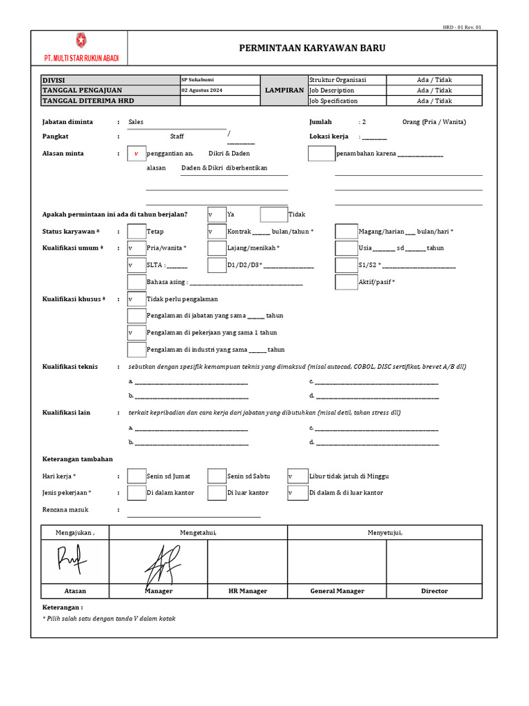 HRD - 01 Form Permintaan Karyawan SP Sukabumi - Signed | PDF