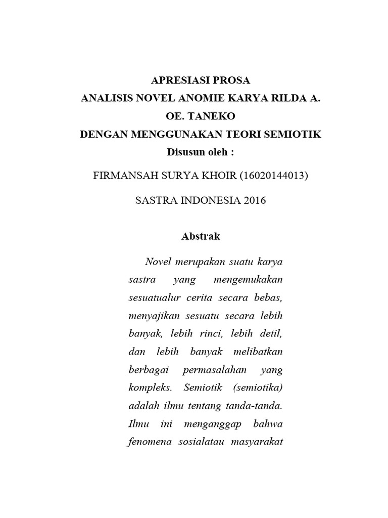 Uas Novel Anomie Karya Rilda A. Oe. Taneko | PDF