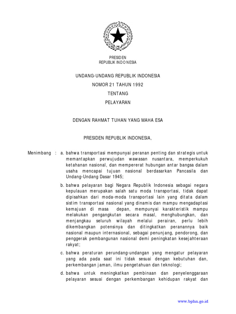 Uu No 21 Tahun 1992 Tentang Pelayaran | PDF