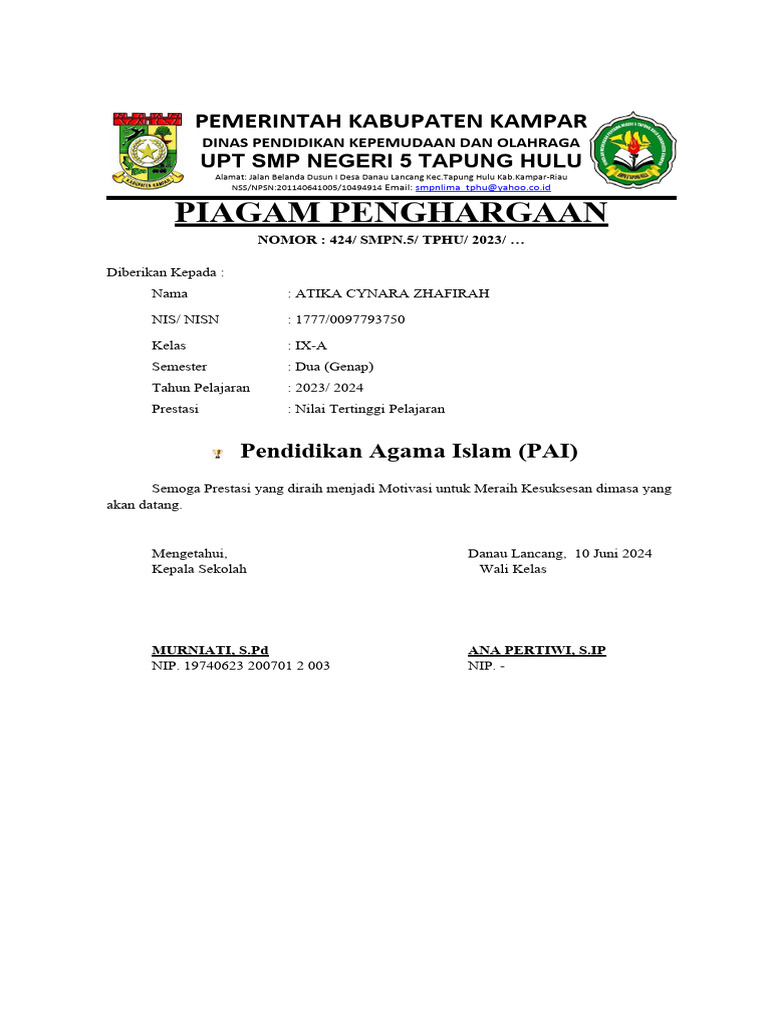 Piagam Penghargaan Siswa SMPN 5 Kampar | PDF