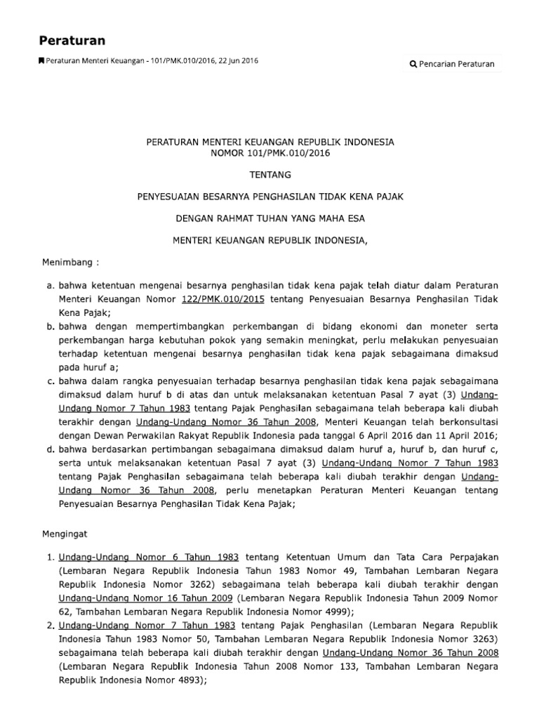 PMK No. 101 PMK.010 2016 TTG Penyesuaian PTKP | PDF