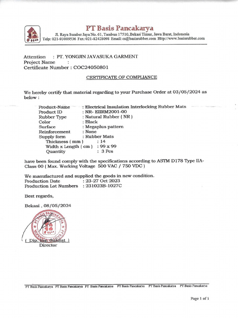 ELECTRICAL INSULATION RUBBER MATT CERTIFICATE (1) | PDF