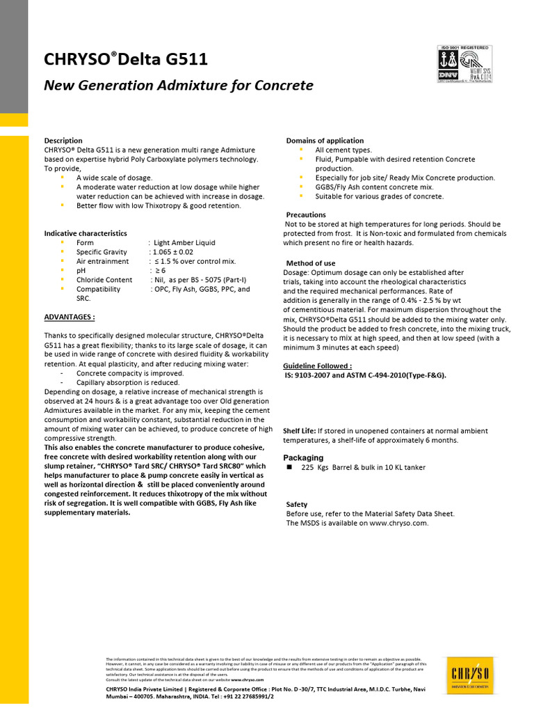 Technical Data Sheet Chryso Delta g511 - 6149 - 3707 | PDF | Concrete ...