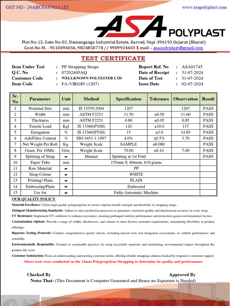 PPV Strapping QC-Test Certificate WELLKNOWN POLYESTER LTD | PDF | Materials