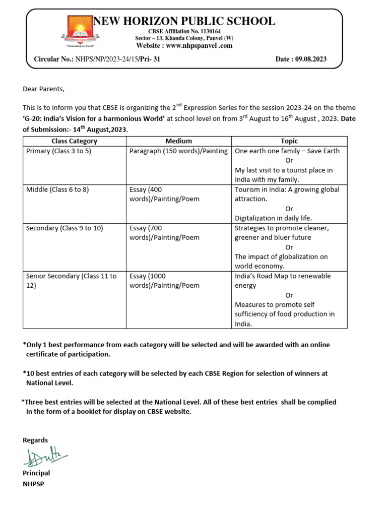 New Horizon Public School: Circular No.: NHPS/NP/2023-24/15/Pri-31 Date: 09.08.2023 | PDF ...