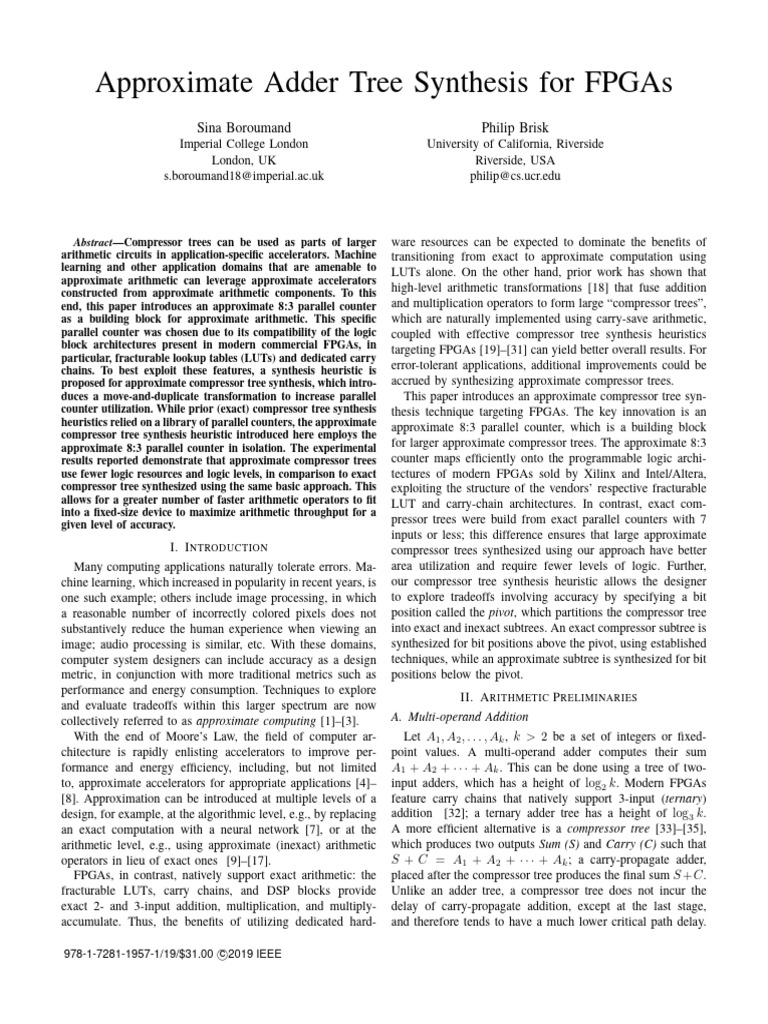 Approximate Adder Tree Synthesis For FPGAs | PDF | Logic Synthesis | Field Programmable Gate Array