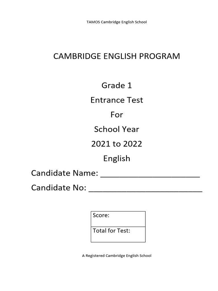 Grade 1 Cambridge Entrance Test 2021-2022 | PDF | English Language | Botany