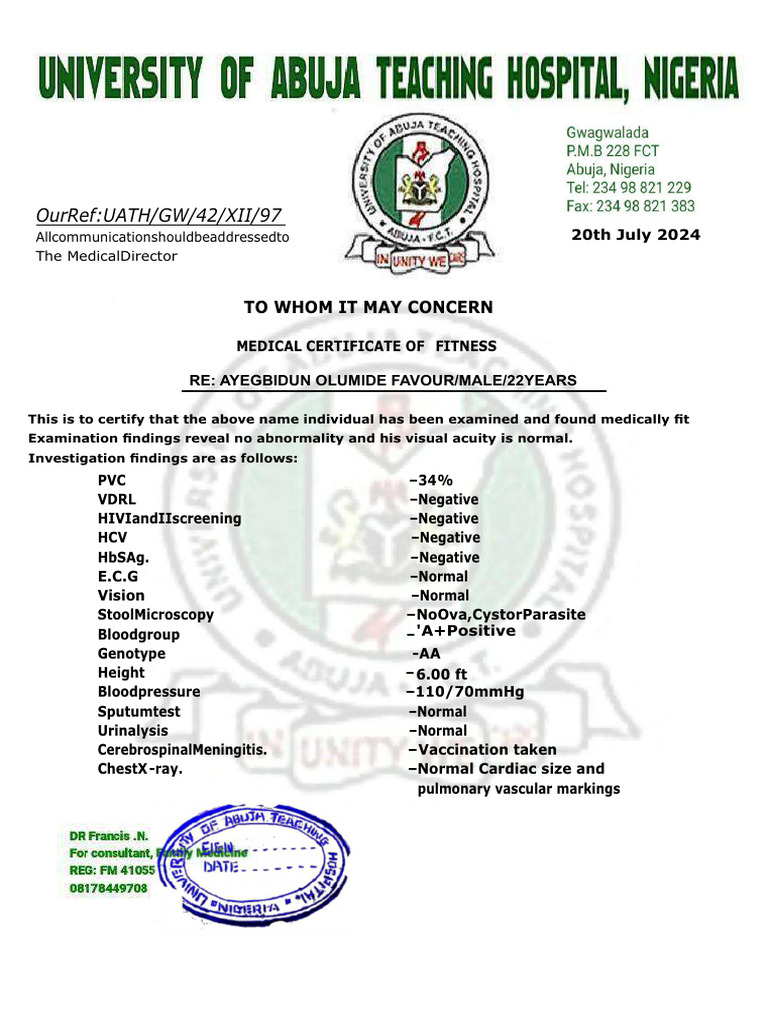 Medical Cert Re-Ayegbidunolumidefavour | PDF