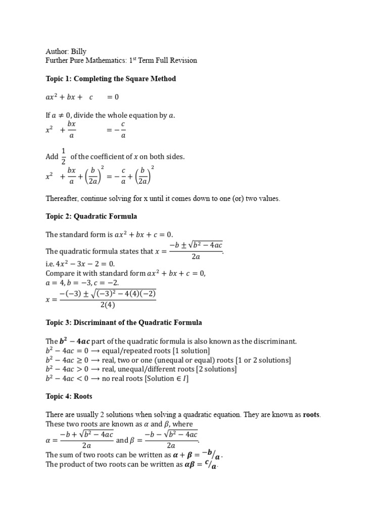Further Pure Mathematics Full Topics | PDF | Quadratic Equation ...