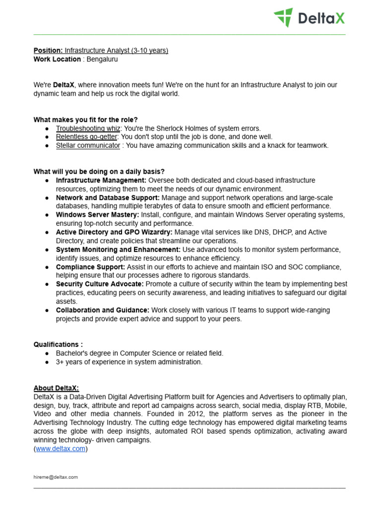 Infrastructure Analyst - JD (2024) | PDF | Computer Network | Advertising