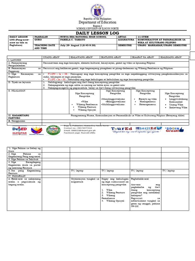 DLL Sa Grade 11 (Fil.) Q1-Week1 | PDF