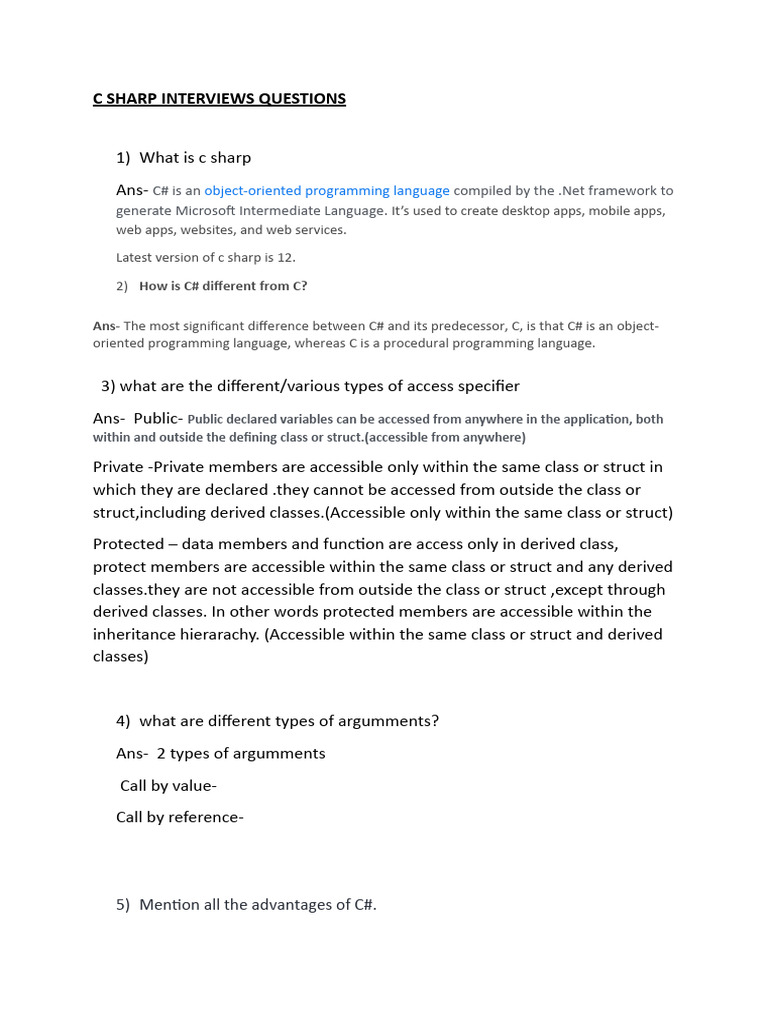 C Sharp Interviews Questions Pdf C Sharp Programming Language