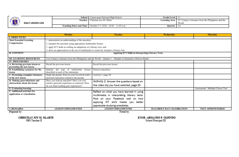 DLL 21stCenturyLiterature 12-Q1-Week6 | PDF | Educational Technology | Multimedia