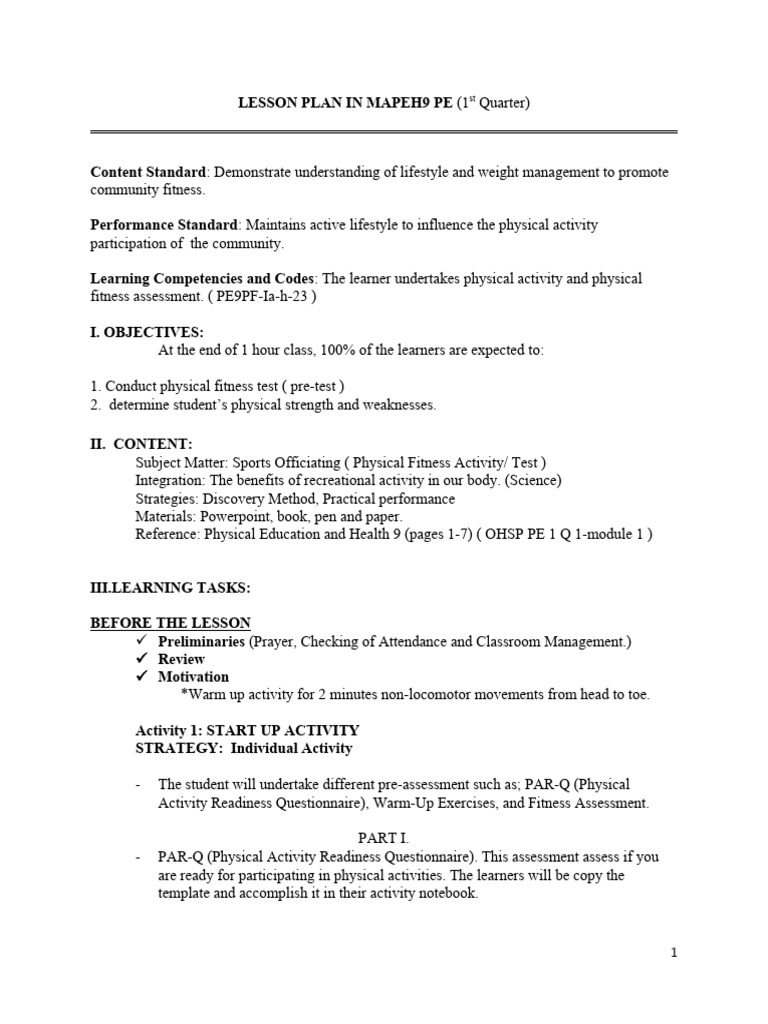 DLP G9 PE FINAL | PDF | Physical Education | Physical Fitness