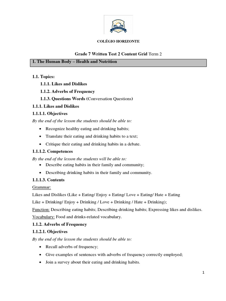 Matriz - de Ingles Da Acs2 - 7 - Classe - trmst2 | PDF | Adverb ...