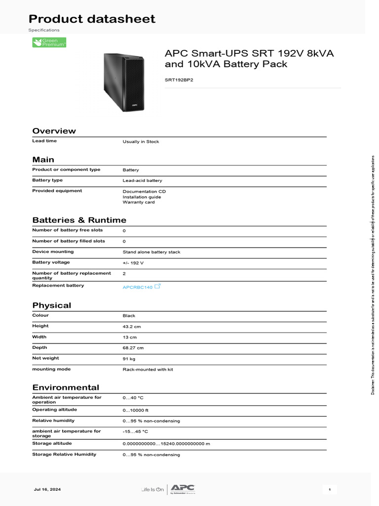 APC SmartUPS-Battery-Systems SRT192BP2 | PDF | Manufactured Goods ...