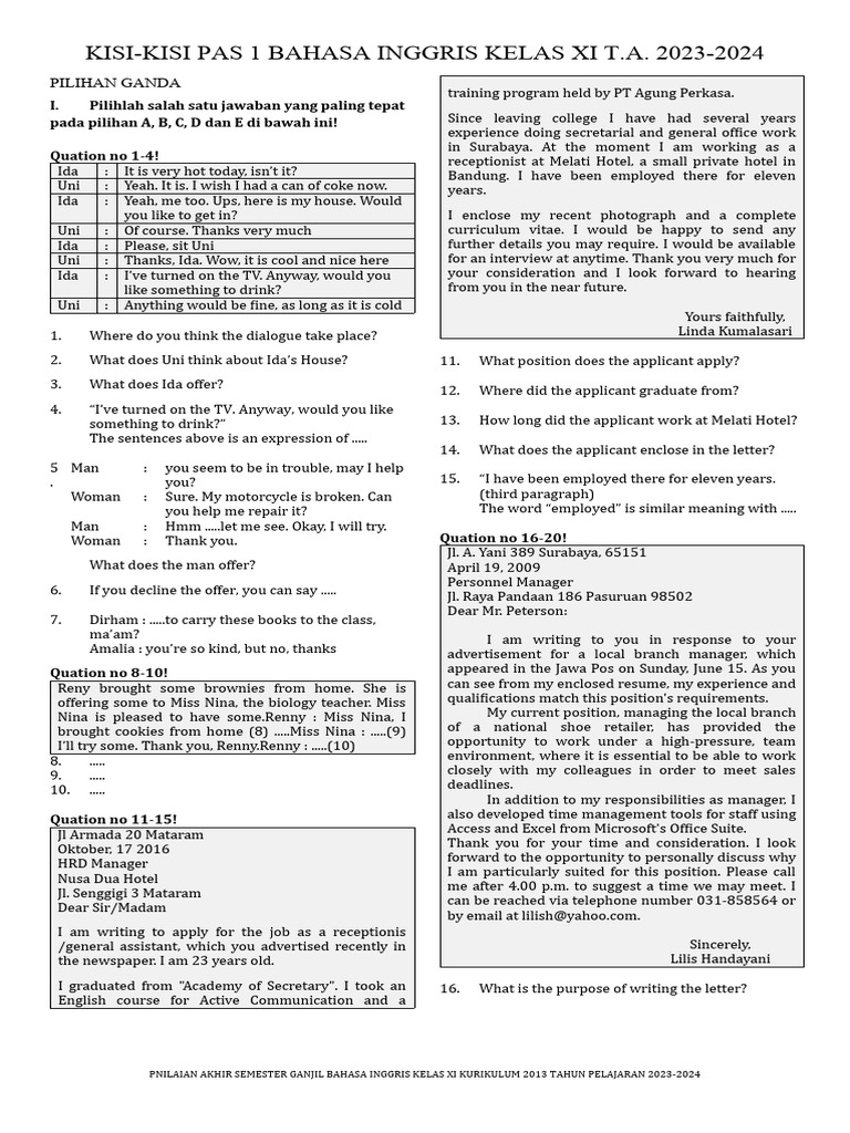 KISI-KISI PAS 1 English | PDF
