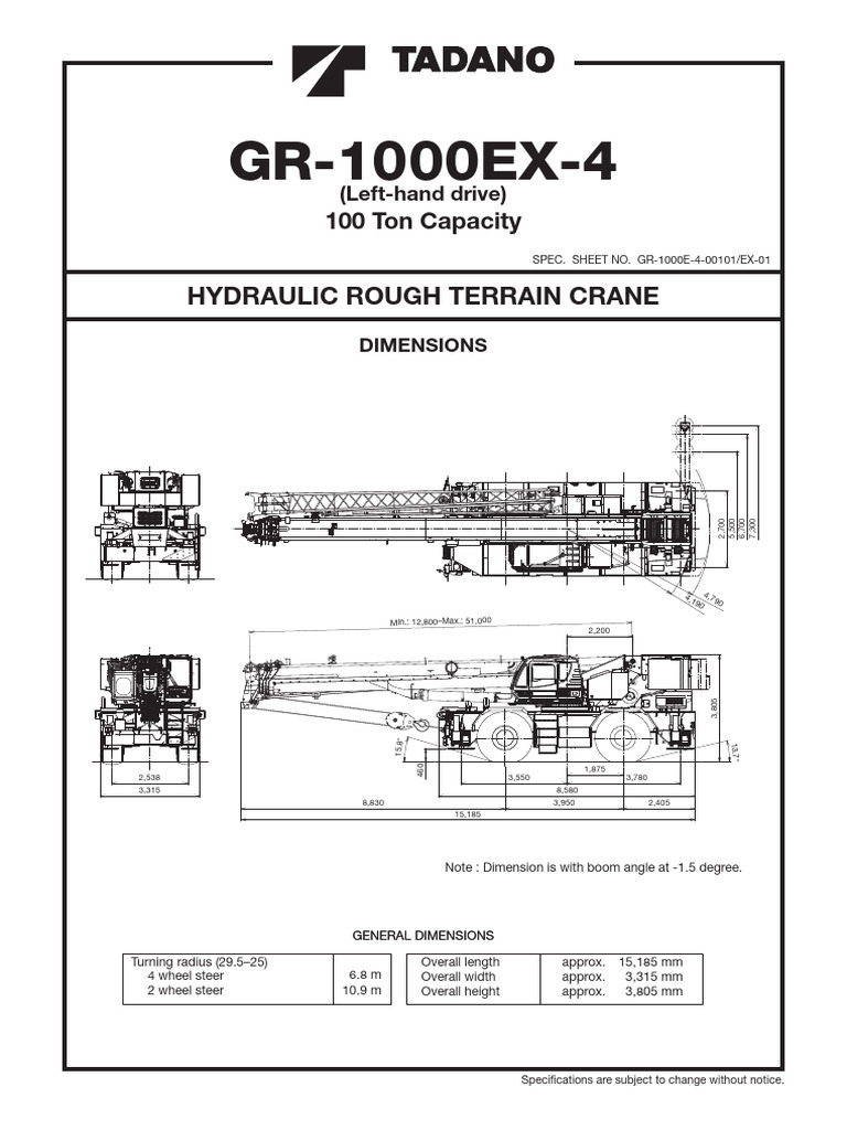 GR-1000EX-4: Hydraulic Rough Terrain Crane | PDF | Crane (Machine) | Axle