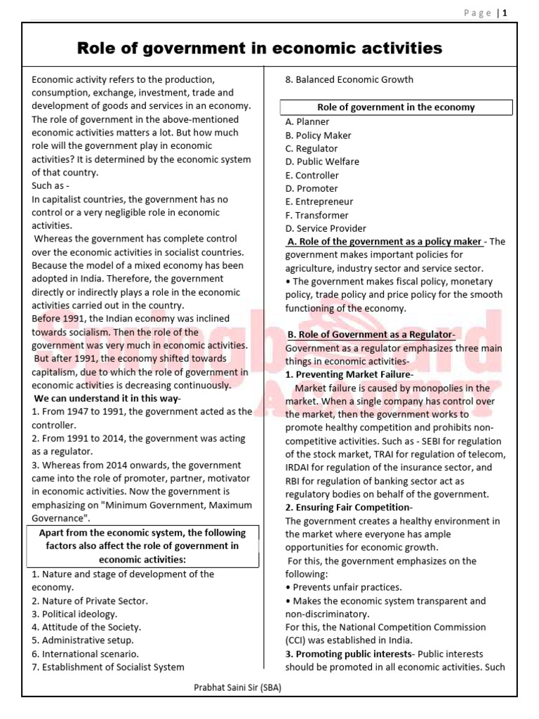 Role of Govt Notes Eng | PDF | Goods | Market Economy