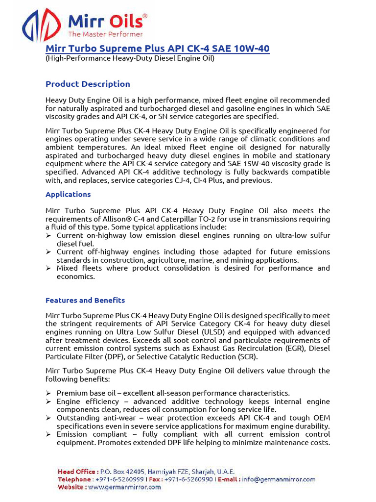 Mirr Turbo Supreme Plus API CK-4 SAE 15W-40 PDS | PDF | Motor Oil ...