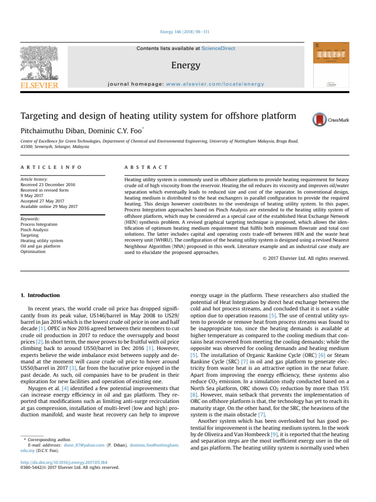 Targeting and design of heating utility system for offshore platform ...