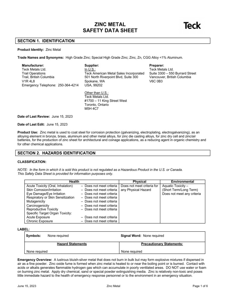 Zinc_Metal_SDS | PDF | Toxicity | Occupational Hygiene
