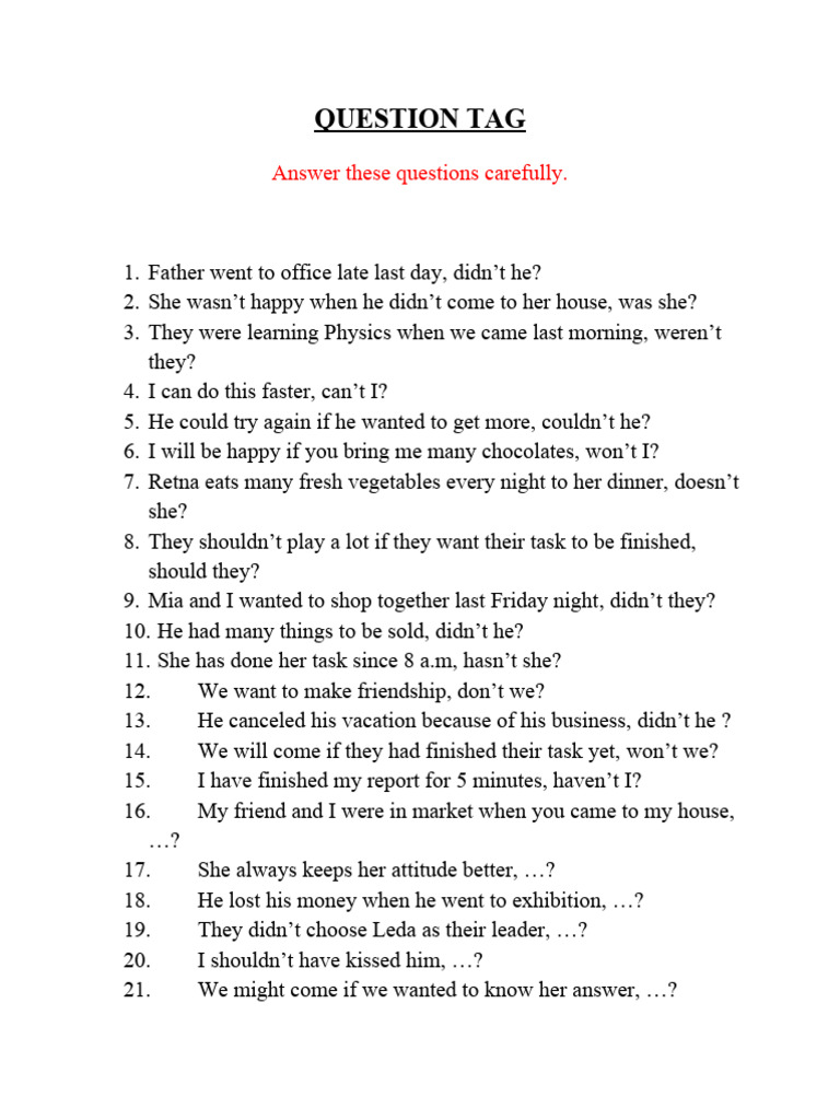 Adult - Question Tag Exercises Worksheet | PDF