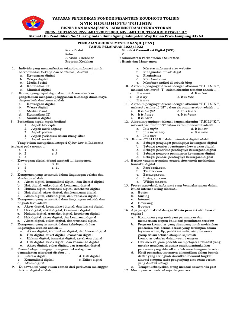 Soal Ukk Simulasi Digital Kelas X | PDF