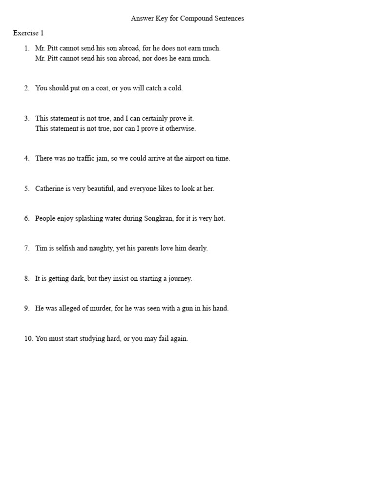 Answer Key For Compound Sentences | PDF