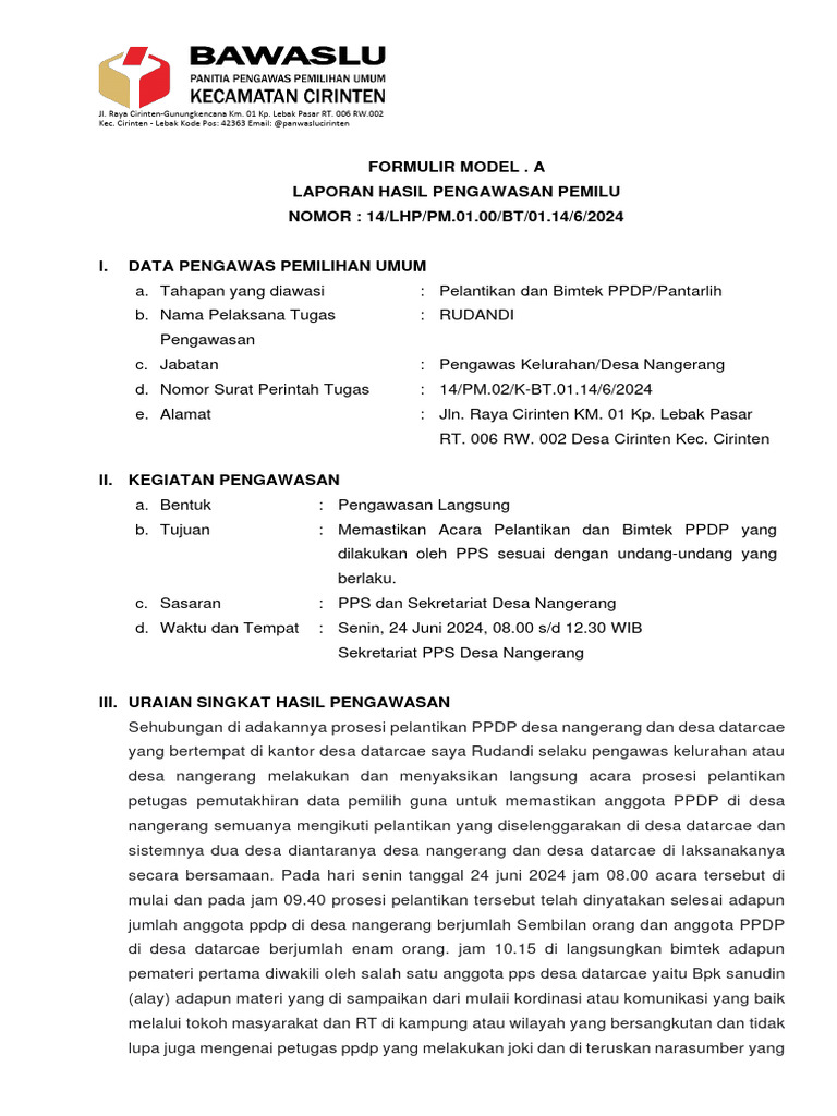Laporan Pengawasan Pelantikan PPDP 2024 | PDF