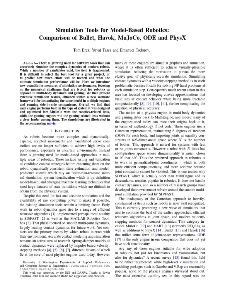 Comparison of Bullet, Havok, MuJoCo, ODE and PhysX | PDF | Simulation ...