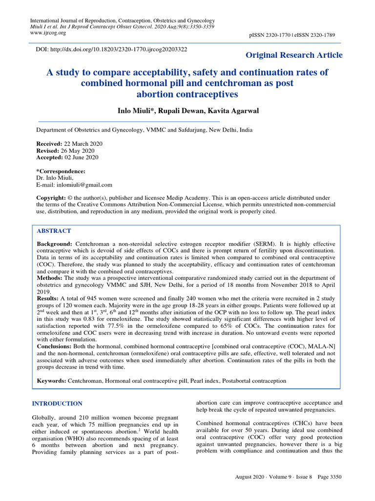 Miuli Et Al - 2020 - Centchroman and COCs As PA Contraceptives | PDF ...