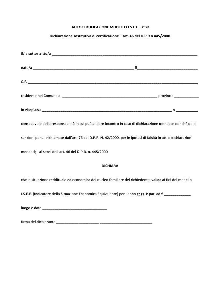 Autocertificazione Modello Isee | PDF