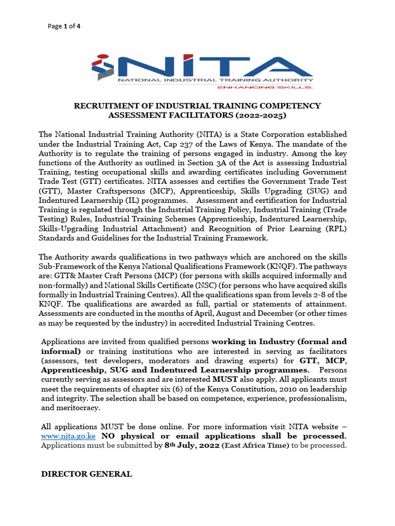 Recruitment of Industrial Training Competency Assesment Facilitators ...