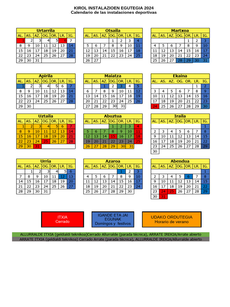 Calendario y horarios instalaciones 2024 | PDF