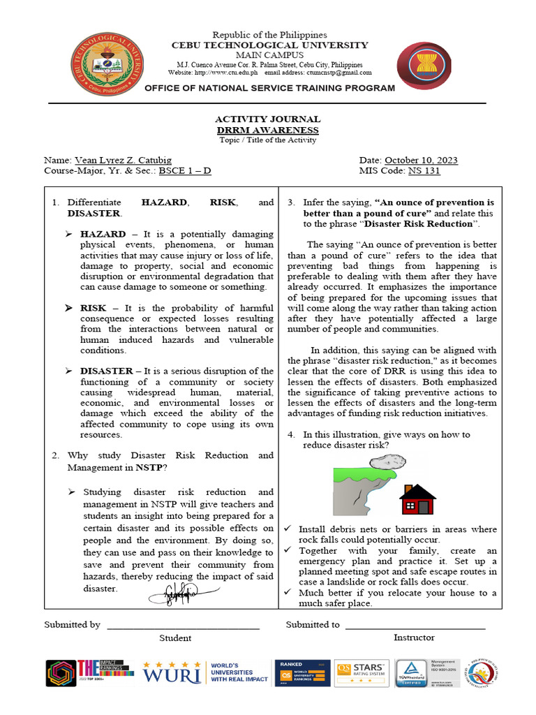 Activity Journal 5 - DRRM and CCA | PDF | Hazards | Disaster Risk Reduction