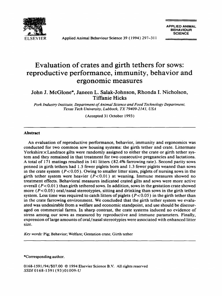 Evaluation of Crates and Girth Tethers For Sows: Reproductive ...