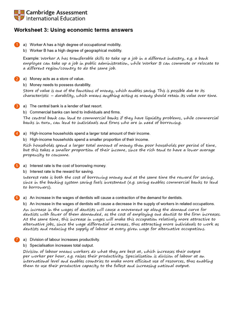 AO1 Worksheet 3 Using Economic Terms Answers | PDF | Labour Economics ...