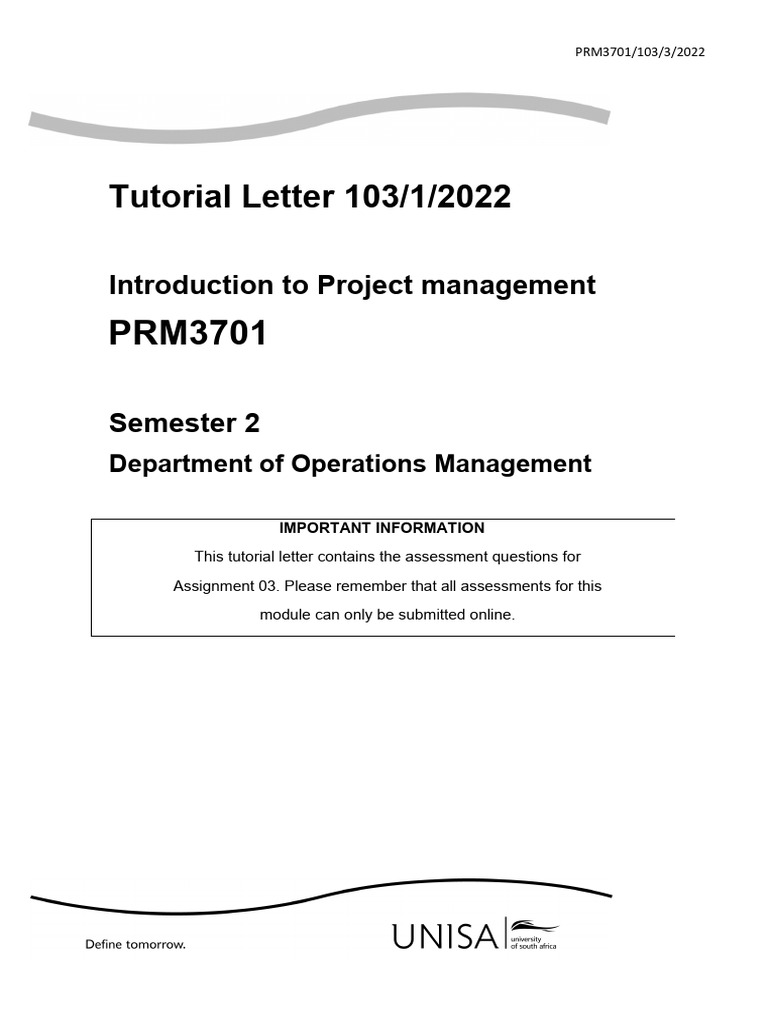 Tutorial Letter 103 - PRM3701 - Assessment 6 - Semester 2 | PDF | Sales ...