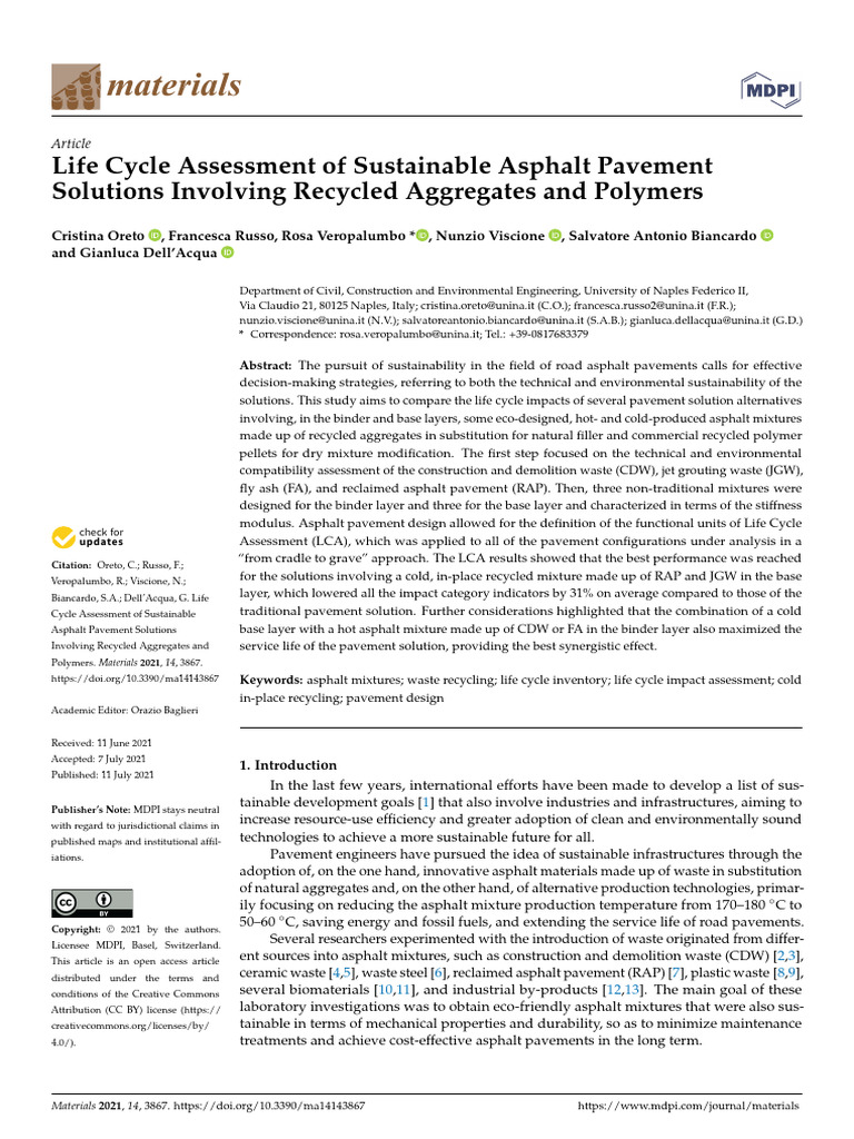 Materials 14 03867 | PDF | Life Cycle Assessment | Road Surface