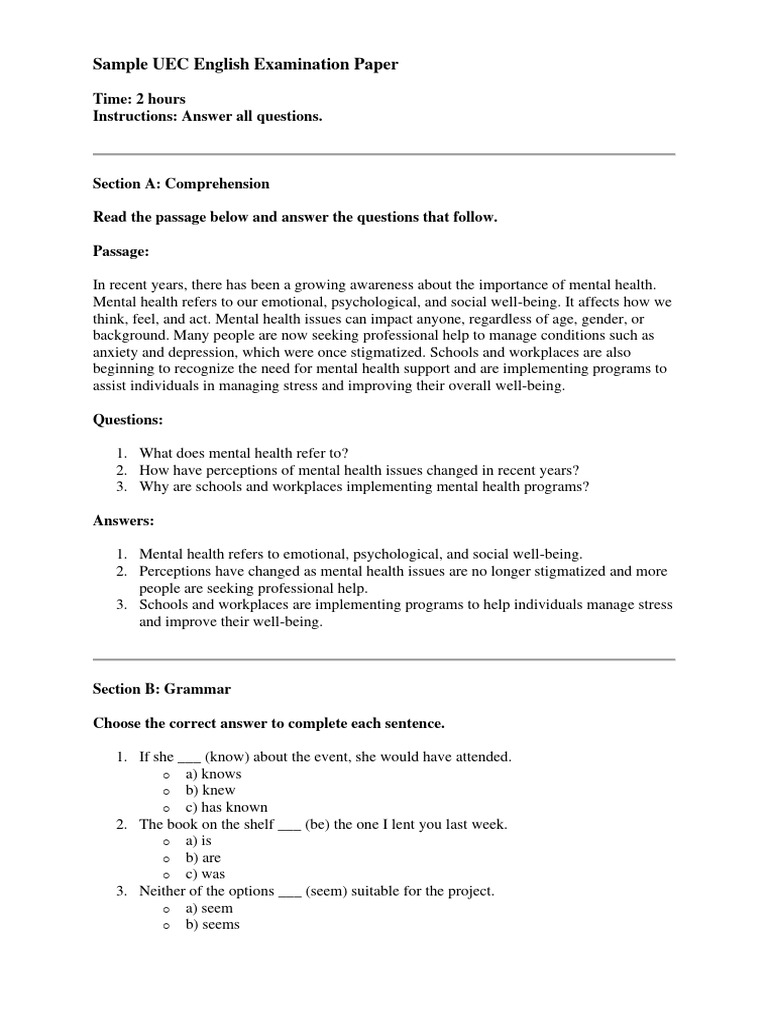 Sample UEC English Examination Paper With answer | PDF | Mental Health ...