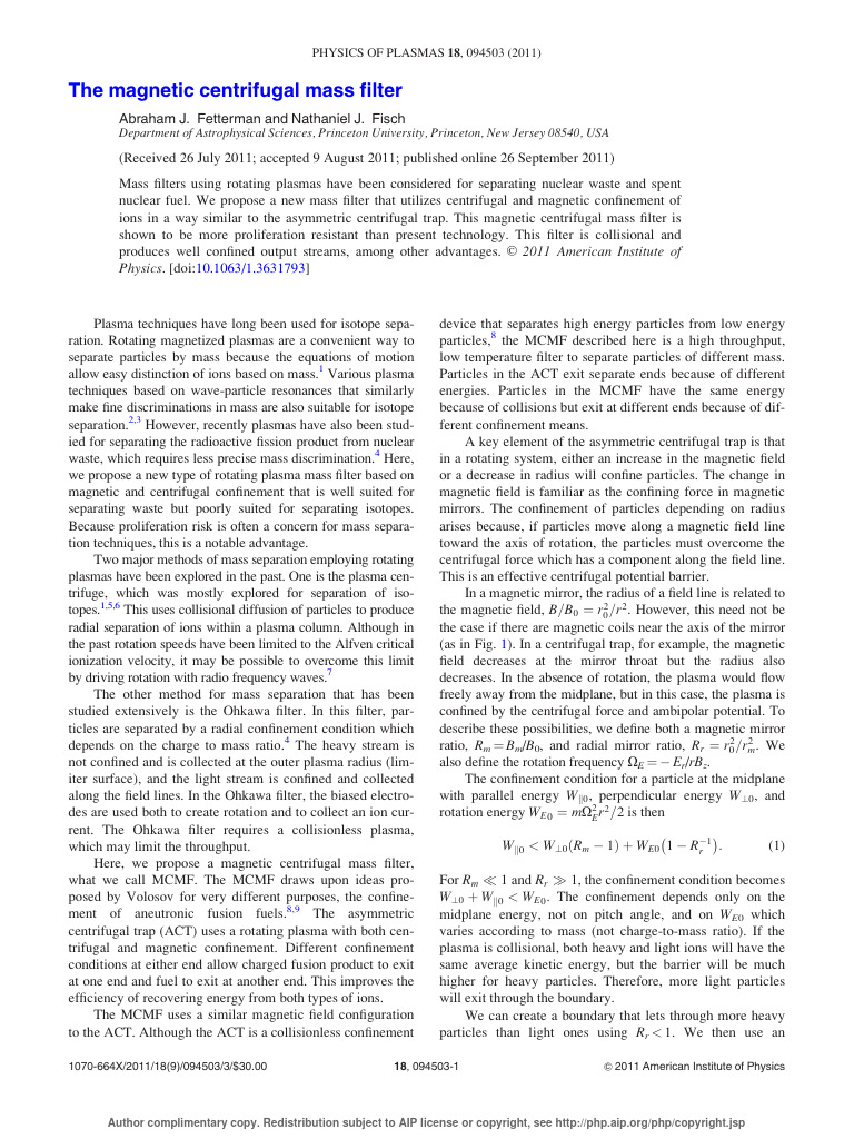 Plasma Maagnetic Mass Filter | PDF | Plasma (Physics) | Radioactive Waste