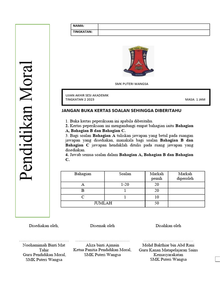 Ujian Penilaian 2 Pendidikan Moral Tingkatan 2 | PDF