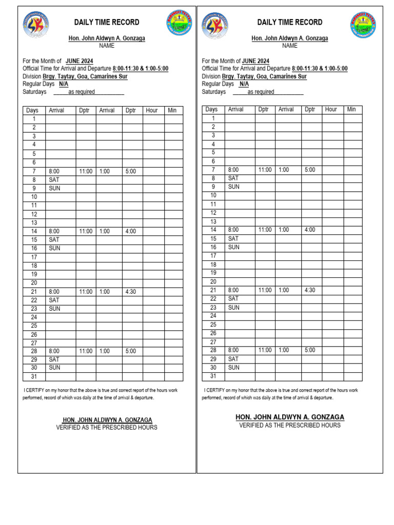 Daily Time Record Daily Time Record: 7 30-11:30 AM 1:00-5:00 PM 7 - 11: ...