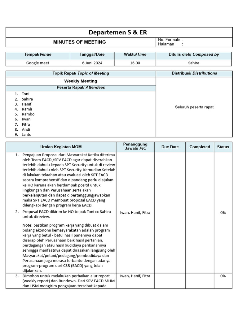 MOM Weekly Meeting S & ER Departemen Week 1 | PDF