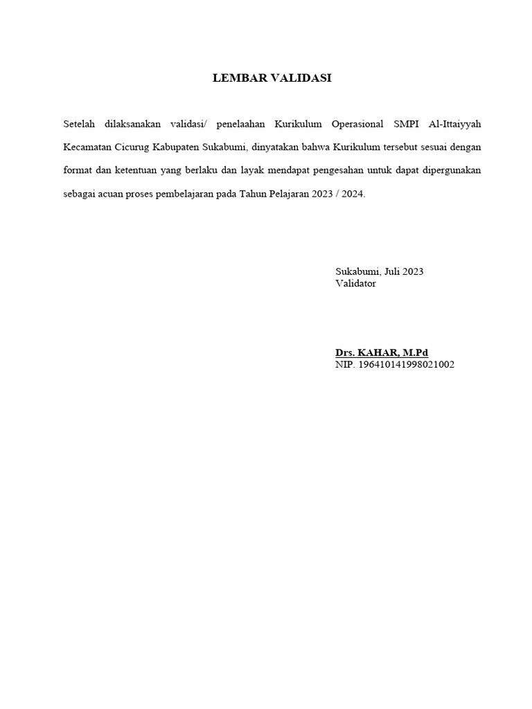 Validasi Kurikulum SMPI Al-Ittaiyyah | PDF