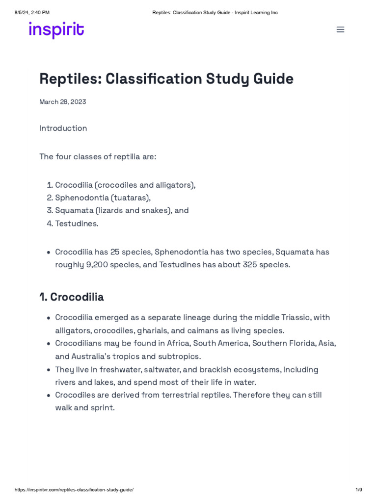 Reptiles - Classification Study Guide - Inspirit Learning Inc | PDF ...
